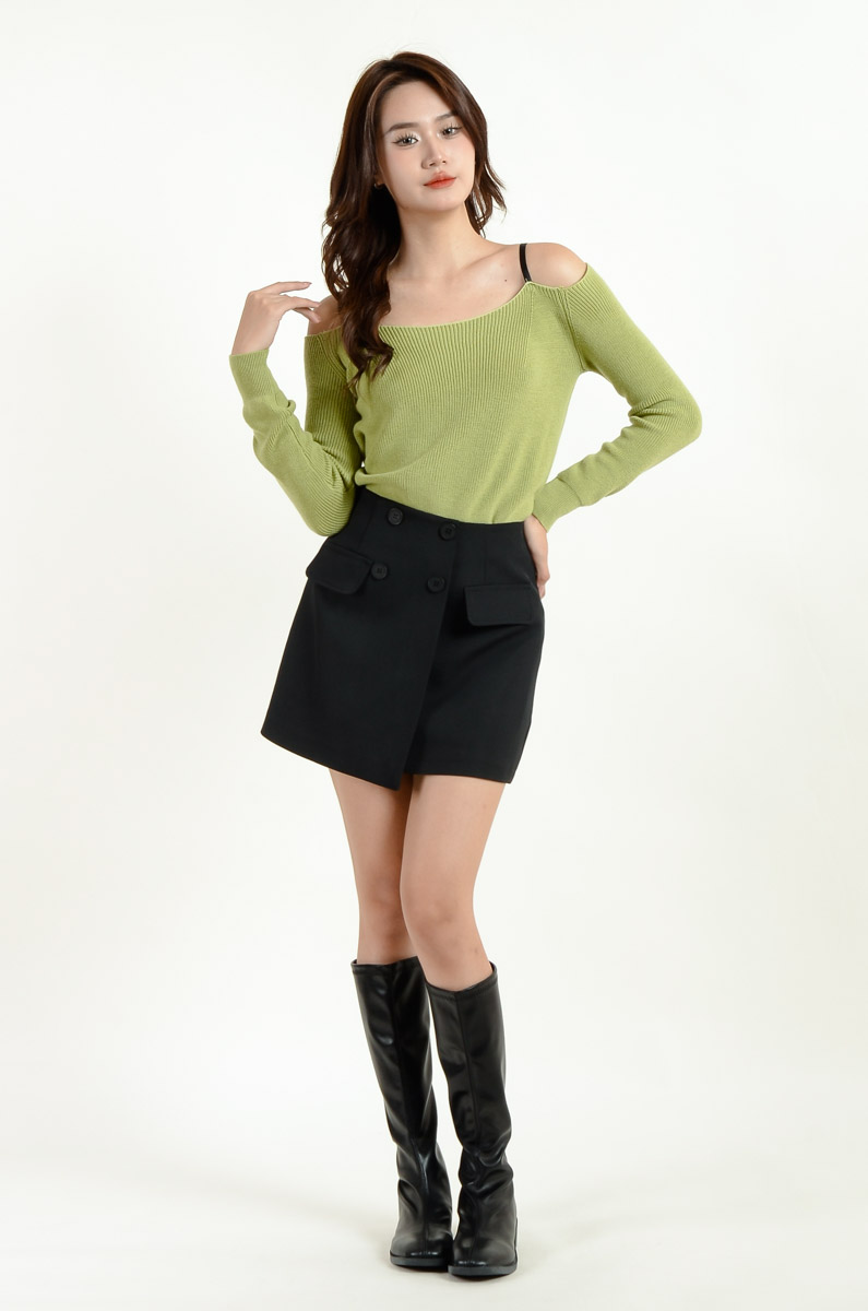 BOTTOM : Alondra Pocket Overlay Skort - Black by KEI MAG