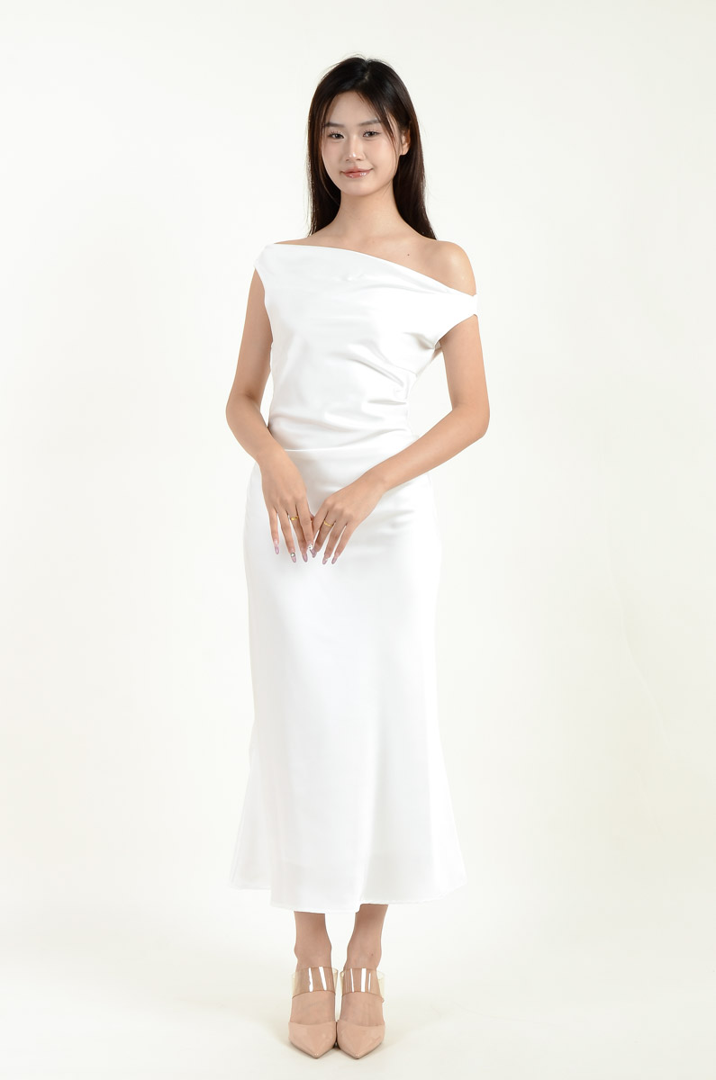 DRESS : Mikayla Toga Satin Midi Dress - White by KEI MAG