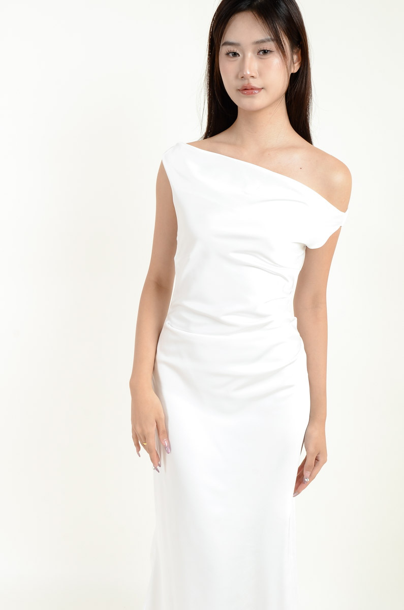 DRESS : Mikayla Toga Satin Midi Dress - White by KEI MAG