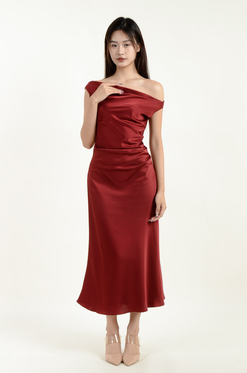 DRESS : Mikayla Toga Satin Midi Dress - Wine by KEI MAG