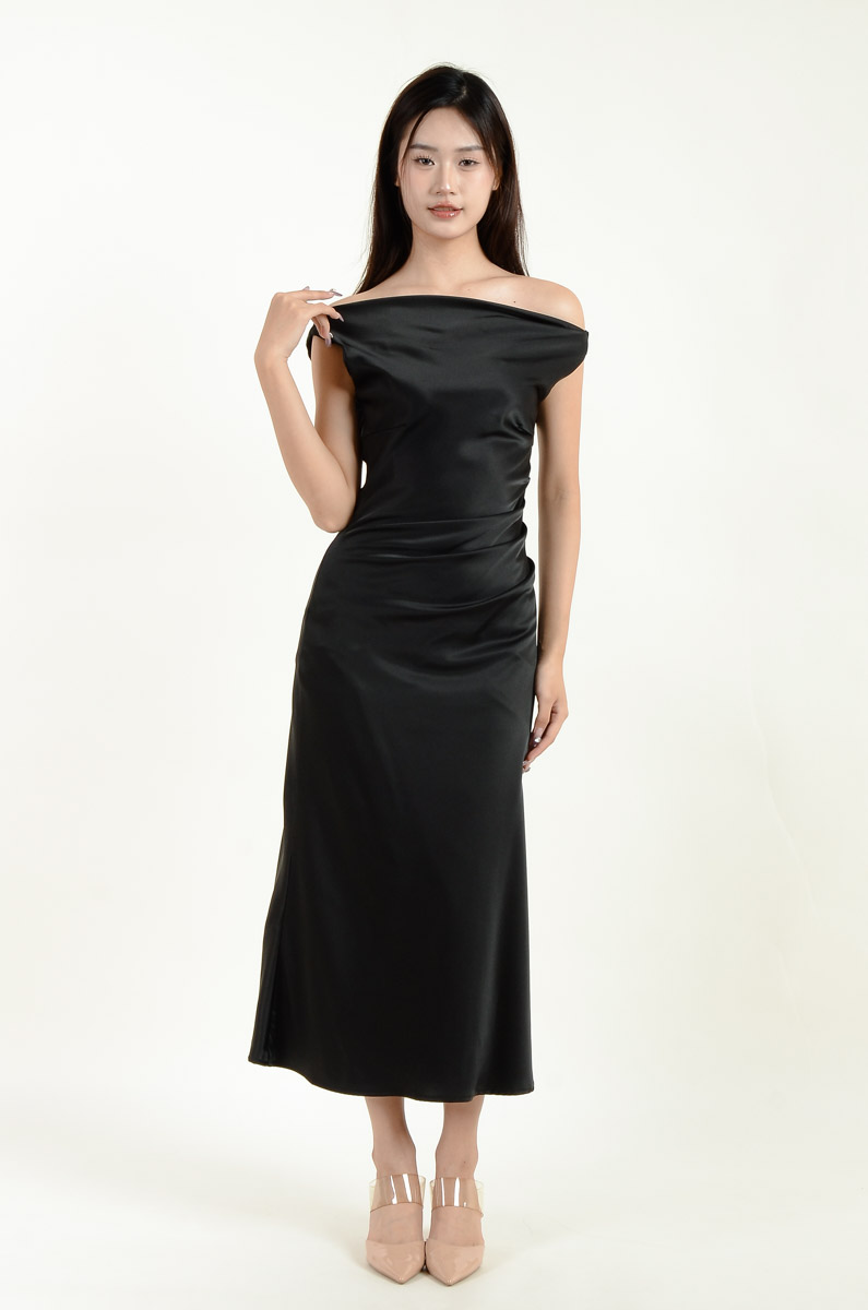 DRESS : Mikayla Toga Satin Midi Dress - Black by KEI MAG