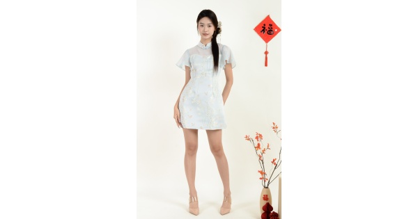 Zendaya Cheongsam with Mesh Sleeve - Blue by KEI MAG